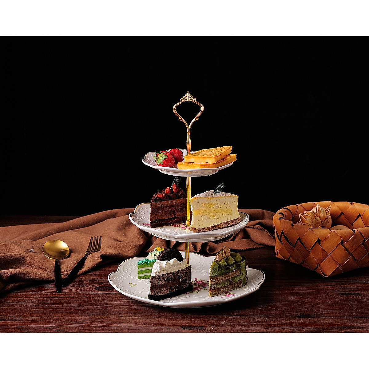 Jusalpha® Elegant Embossed 3-tier Ceramic Cake Stand- Cupcake Stand- Tea Party Pastry Serving Platter in Gift Box and a Free Sugar Tong (FL-Stand 03)