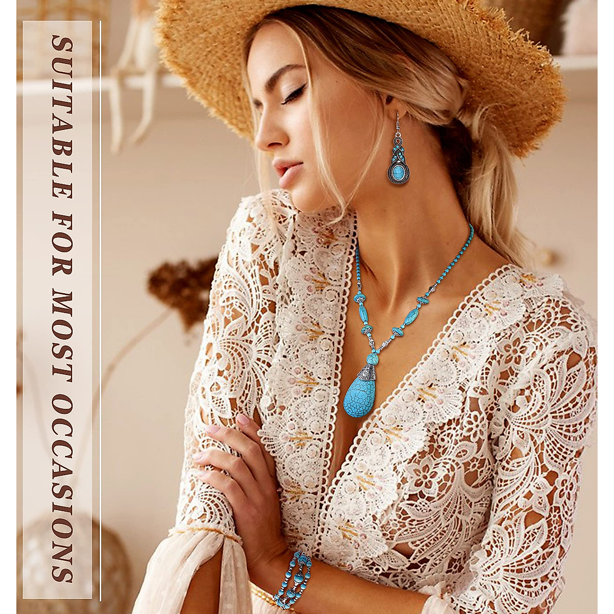 Florideco Bohemian Turquoise Jewelry Set Women Western Turquoise Pendant Necklace Layered Wrap Bangle Bracelet Turquoise Vintage Turquoise Dangle Earrings Boho Jewelry for Women A
