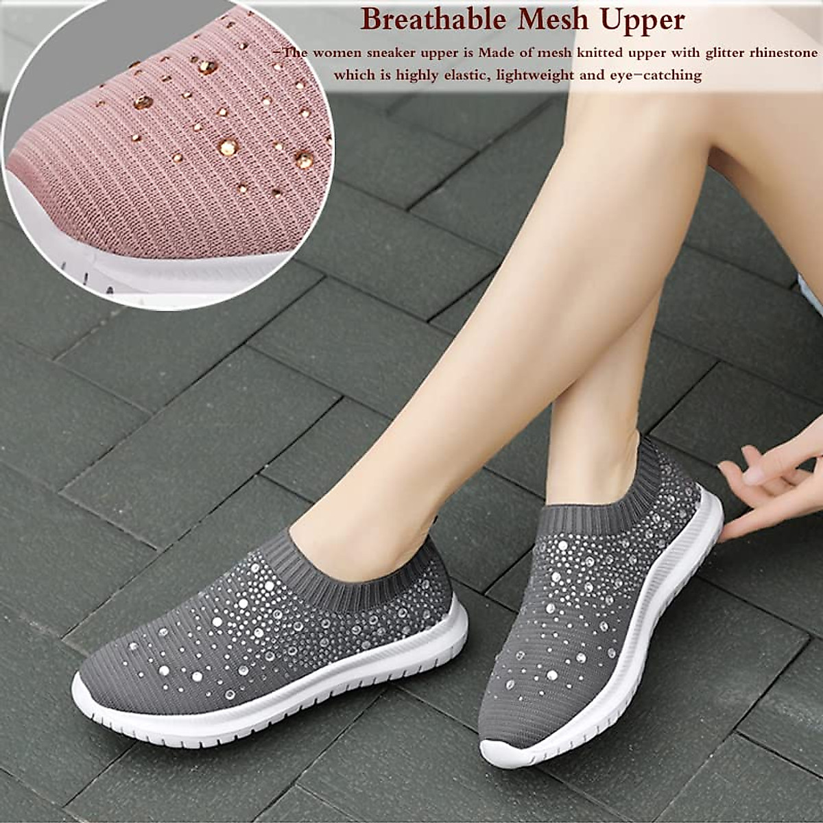 Dimleen Womens Rhinestones Glitter Fashion Mesh Walking Shoe Breathable Slip-on Loafers Non-slip Orthopedic Arch Support Sock Sneaker (black,10,Women,10)