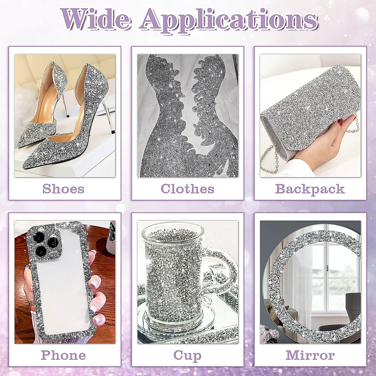 Tetutor 6 Rolls Self Adhesive Rhinestone Ribbons, Sliver Resin Rhinestone Strips, Diamond Crystal Rhinestone Ribbon Roll Stickers Glitter Bling Ribbons Rhinestone for Crafts Fabric Car (Sliver)