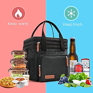 MOV COMPRA Movcompra Black Adult Insulated Lunch Box for Work, Expandable Large Lunch Bags for Women Men, Leakproof Double Deck Lunch Box Cooler Tote Bag with Removable Shoulder Strap