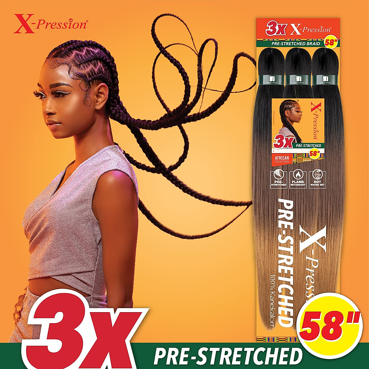 Sensationnel X-pression prestretched braiding hair - 3x braid 58 inch all kanekalon flame retardant synthetic braid for box braids and twists (1 pack, 2 DARKBROWN)