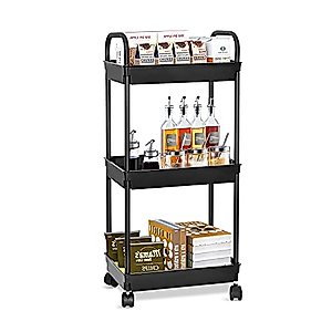 WASJOYE 3-Tier Plastic Rolling Utility Cart with Handle, Black Home Kitchen Office Storage Trolley Cart with Wheels (14 * 8.9 * 33.5 Inch)