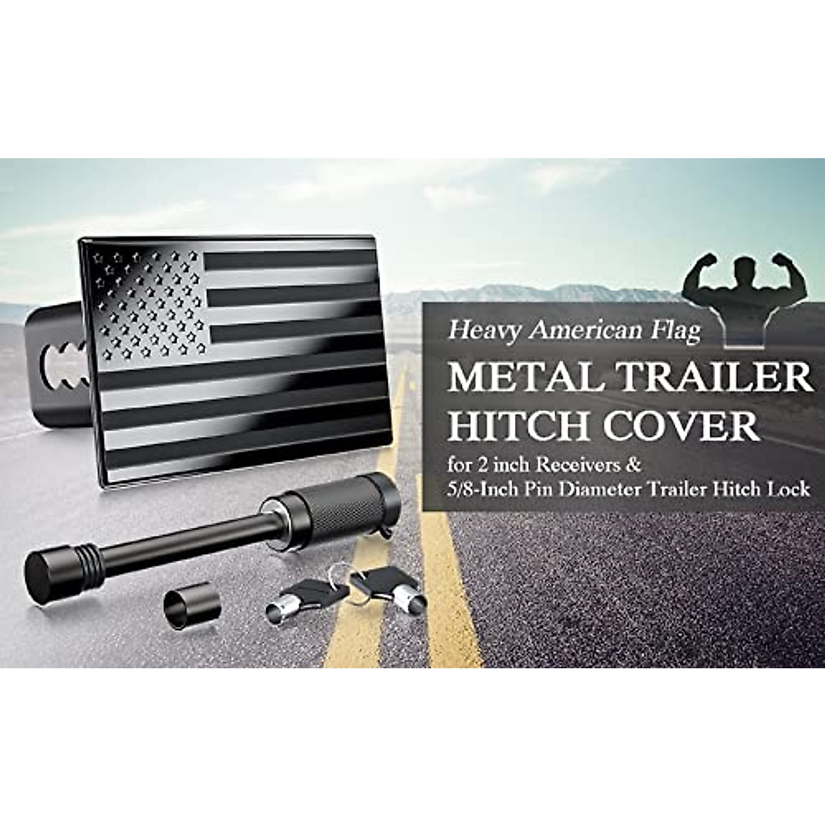 DoPake Metal Trailer Hitch Cover,Heavy Duty 2" Inch Tow Rear Receivers Plug Covers,USA American Flag Hitch Cover （with 3-3/5" Usable Length,5/8-inch Diameter Pin） for Trucks Cars SUV (Black)