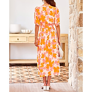 PRETTYGARDEN Women Summer Casual Ruffle Mock Neck Dress 2023 Short Sleeve Smocked Slit Boho Floral Midi Beach Dresses(Floral White Yellow,Large)