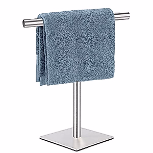 Hand Towel Holder, Stainless Steel Hand Towel Stand T-Shaped Silver Brushed Finish Freestanding Rack for Bathroom Kitchen Countertop with Square Base