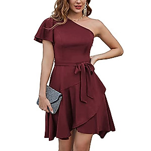GRACE KARIN Womens Prom Dress One Shoulder 2024 Wedding Guest Ruffle Sleeve Cocktail Party A Line Dress with Belt Wine Red XL