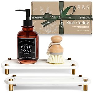 TWINKLE MOMENT 2PCS Instant Dry Sink Caddy Organizer, Fast Drying Sponge and Soap Dispenser Holder for Kitchen and Bathroom Countertop, Stainless Steel Feet, and Non Slip Bottom Pure White