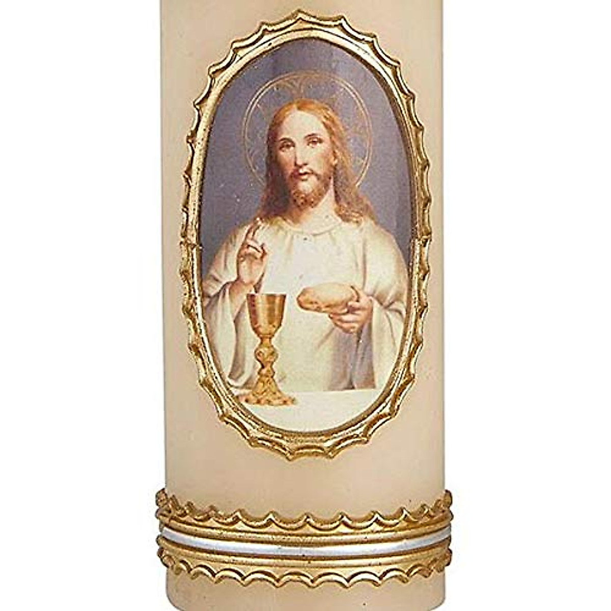 Bread of Life First Holy Communion Hand Decorated Candle, Catholic Keepsake Gifts for Girls and Boys, Gold Tone Accent Detailed Wax Candles Church Supplies 4.75 Inches