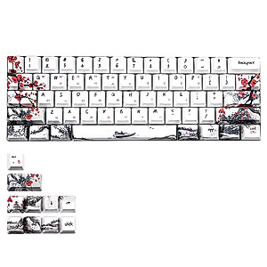 S-YUWEN 71 Keys PBT Keycaps Set - Five Sides Dye-subbed 71 Keys OEM Profile Keycaps 3 Languages for Standard Mechanical Gaming Keyboard DIY Unique Chinese Plum Blossom Theme, one size