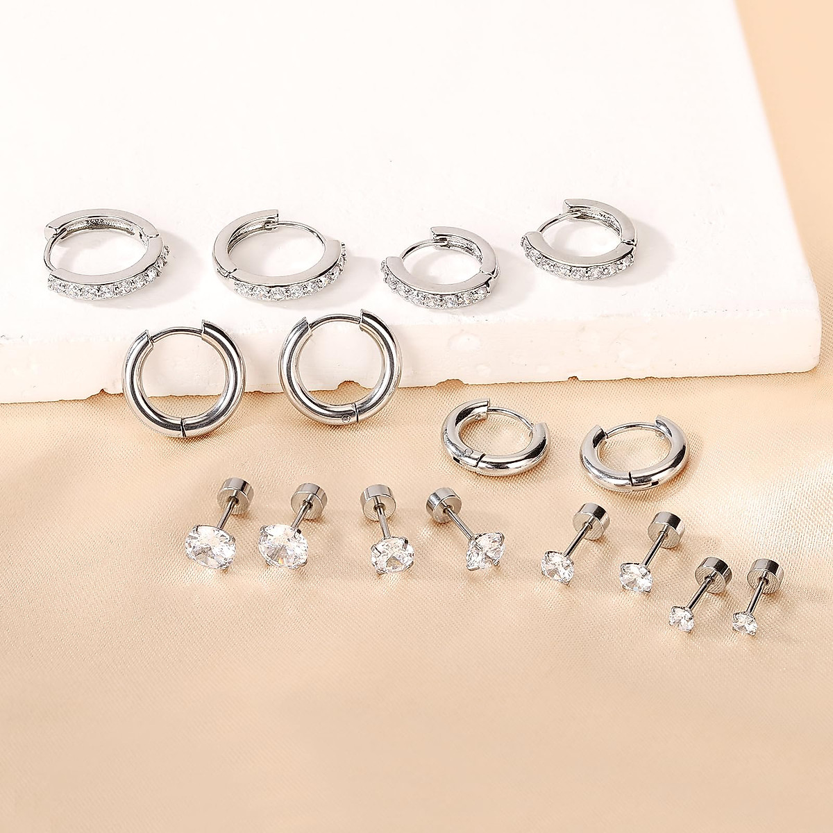 KANOUE 8 Pairs Cartilages Earrings Stud Set Stainless Steel Earrings for Women Flat Back Tiny Cubic Zirconia Stud Hypoallergenic