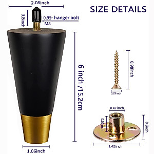 obstime Sofa Legs 6 inch Black Oak Wood Furniture Legs with Gold Caps - Black Wood Legs for Sofa Wood Furniture Legs Set of 4, Round Solid Mid Century Legs 4 inch, Wooden Couch Legs Replacement