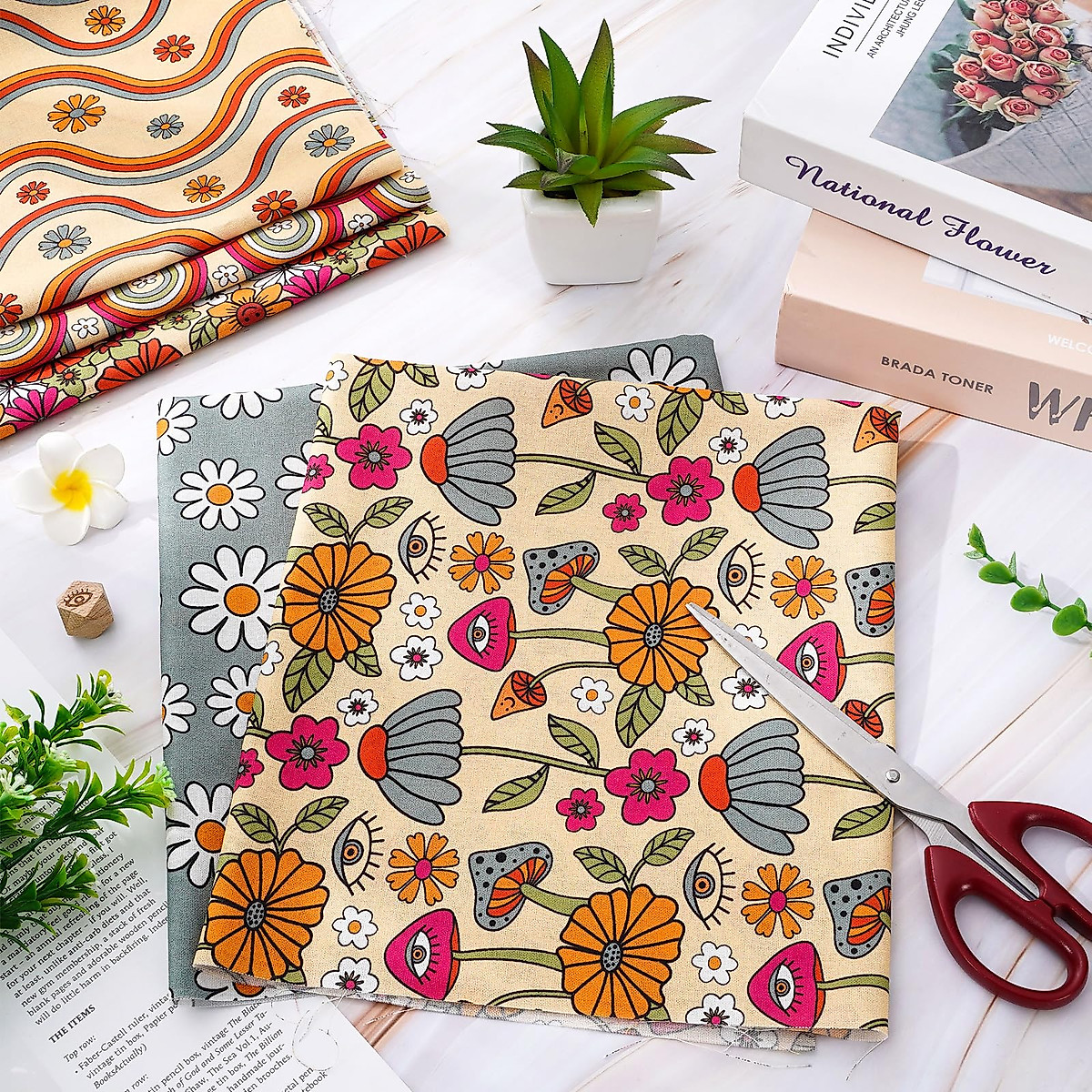 Whaline 12Pcs Retro Floral Cotton Fabric Bundles Rose Pink Boho Flower Rainbow Fat Quarters Groovy Hippie Quilting Patchwork for DIY Handmade Crafting, 18 x 22 Inch