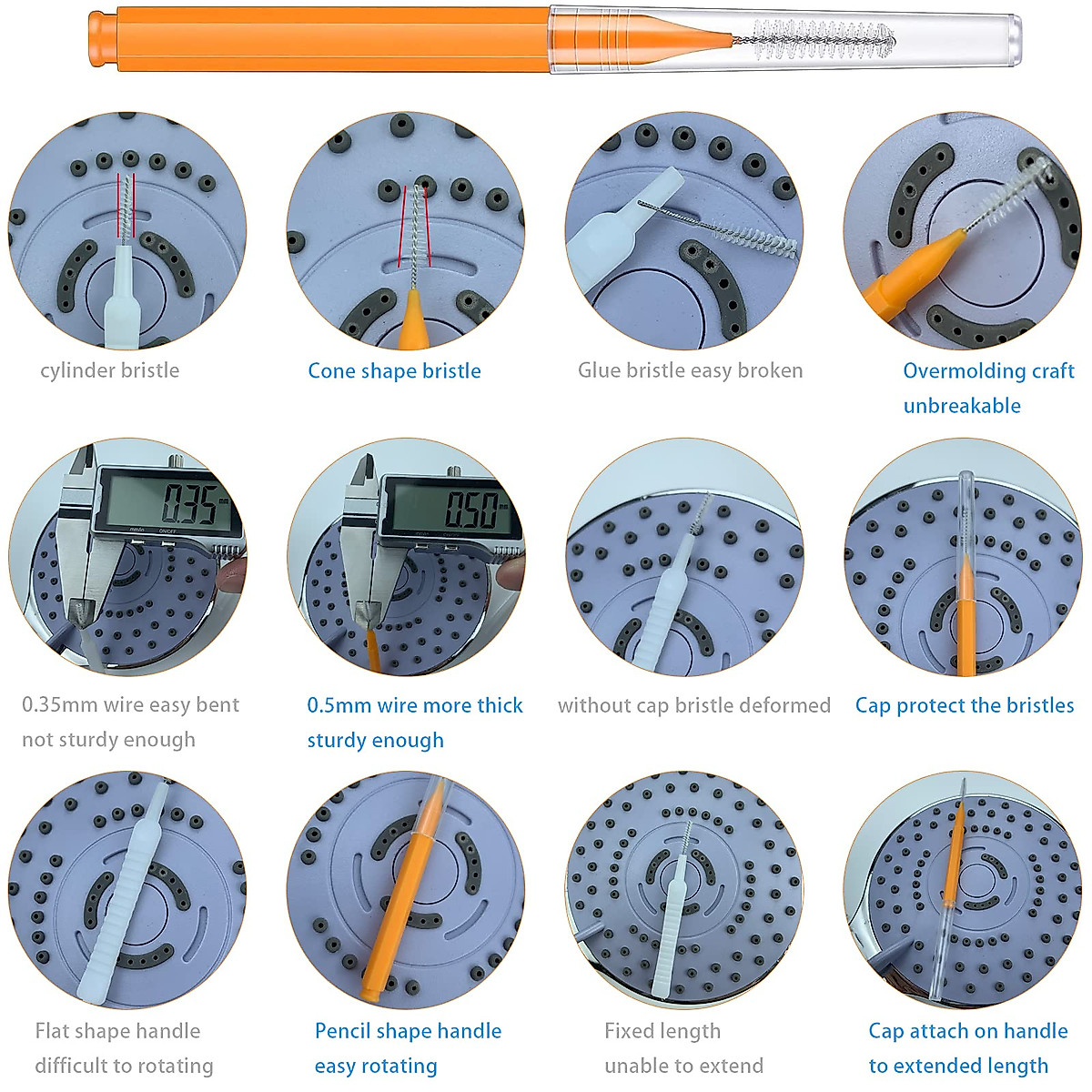Shower Head Cleaner, Shower Head Cleaning Brushes Shower Nozzle Clog Removal Picks Shower Cleaner Brushes Tiny Cleaning Brush for Small Hole Slit Gap Nozzle Car Washer 3D Printer Tubes