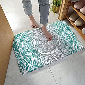 Door mat Turquoise Grey Flower Furry Door Mat Fluffy Area Rug - 18" x 30" Non-Slip Absorbent Bathroom Rugs, Floral Abstract Art Aesthetics Washable Indoor Carpet Runner for Bedroom Laundry