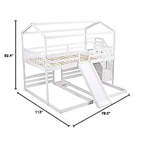 OYN Full Over Twin & Twin Floor Triple House Bunk Bed with Slide, Storage Staircase, Built-in Drawer and Shelf for Children Teens Boys and Girls ,Modren Bedroom Bedframe Furniture, White