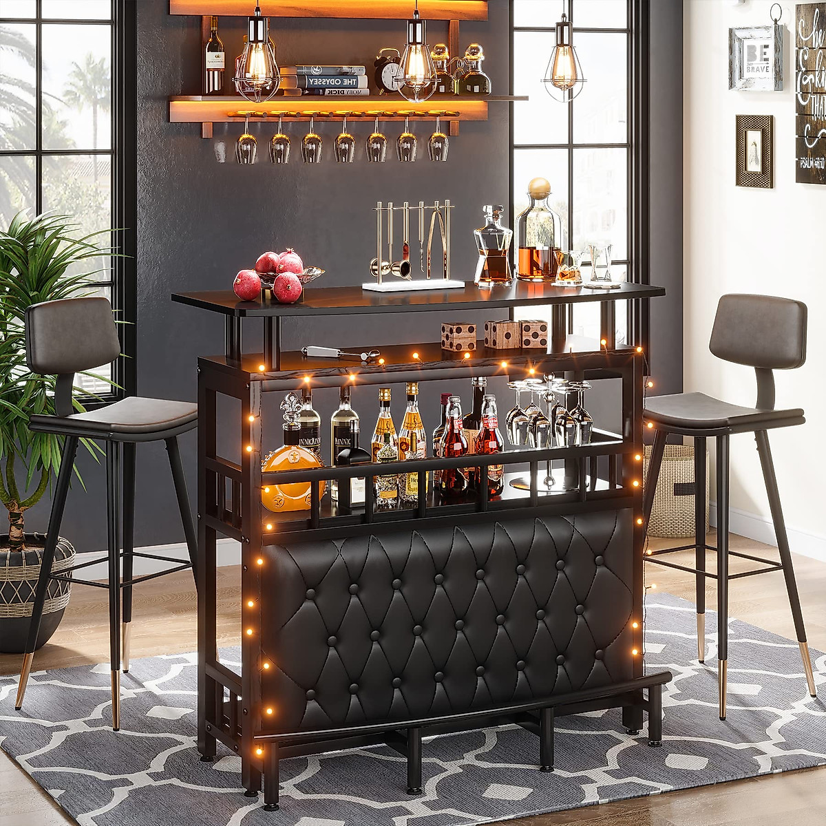 Tribesigns Home Bar Unit for Liquor, 44-Inch Bar Height Table with Storage, Black Entertainment Pub Table, Mini Bar Carts Upholstered&Metal Front Footrest for Kitchen, Balcony, Basement