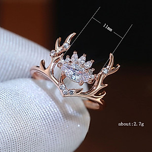 Sdouefos Fashion Glittering Zircon Embellished Lovely Rose Gold Elk Antlers Zircon Wedding Ring Exquisite Cute Elk Antler Zircon Crystal Ring Birthday Anniversary Jewelry (7)