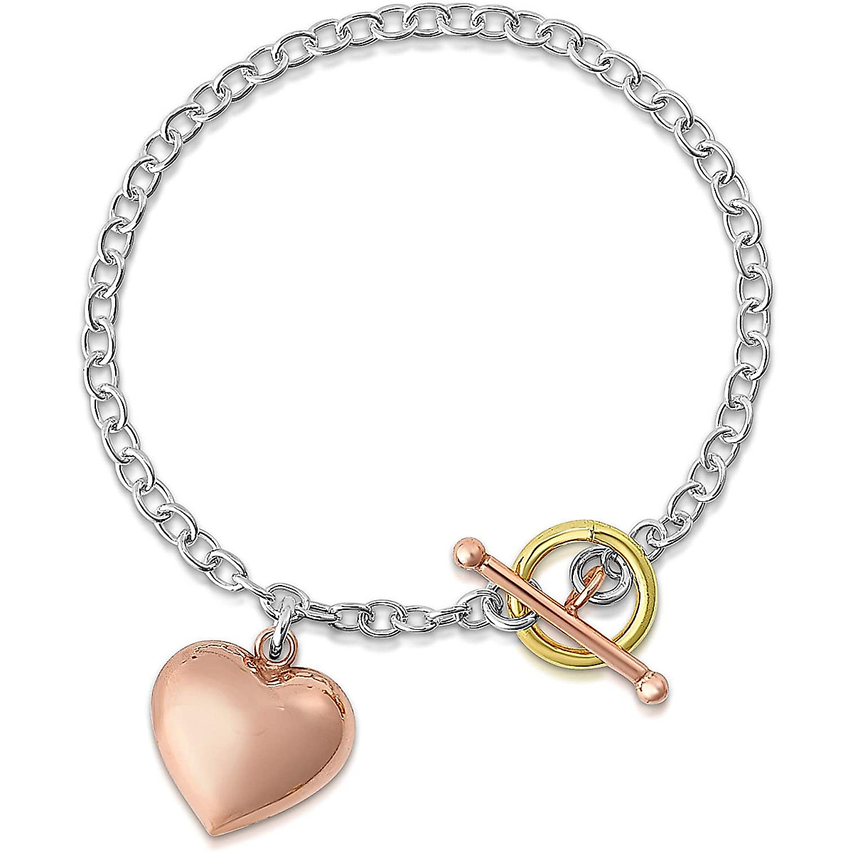 Savlano 925 Sterling Silver 14K Gold Plated Italian Toggle Heart Charm Bracelet Comes With Gift Box for Women - Made in Italy (Tri Color)