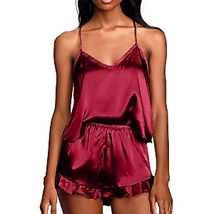 CHYRII Women's Sexy Ruffle Pajamas Sets Satin Silk Racerback Cami Shorts Sets Sleepwear Burgundy S