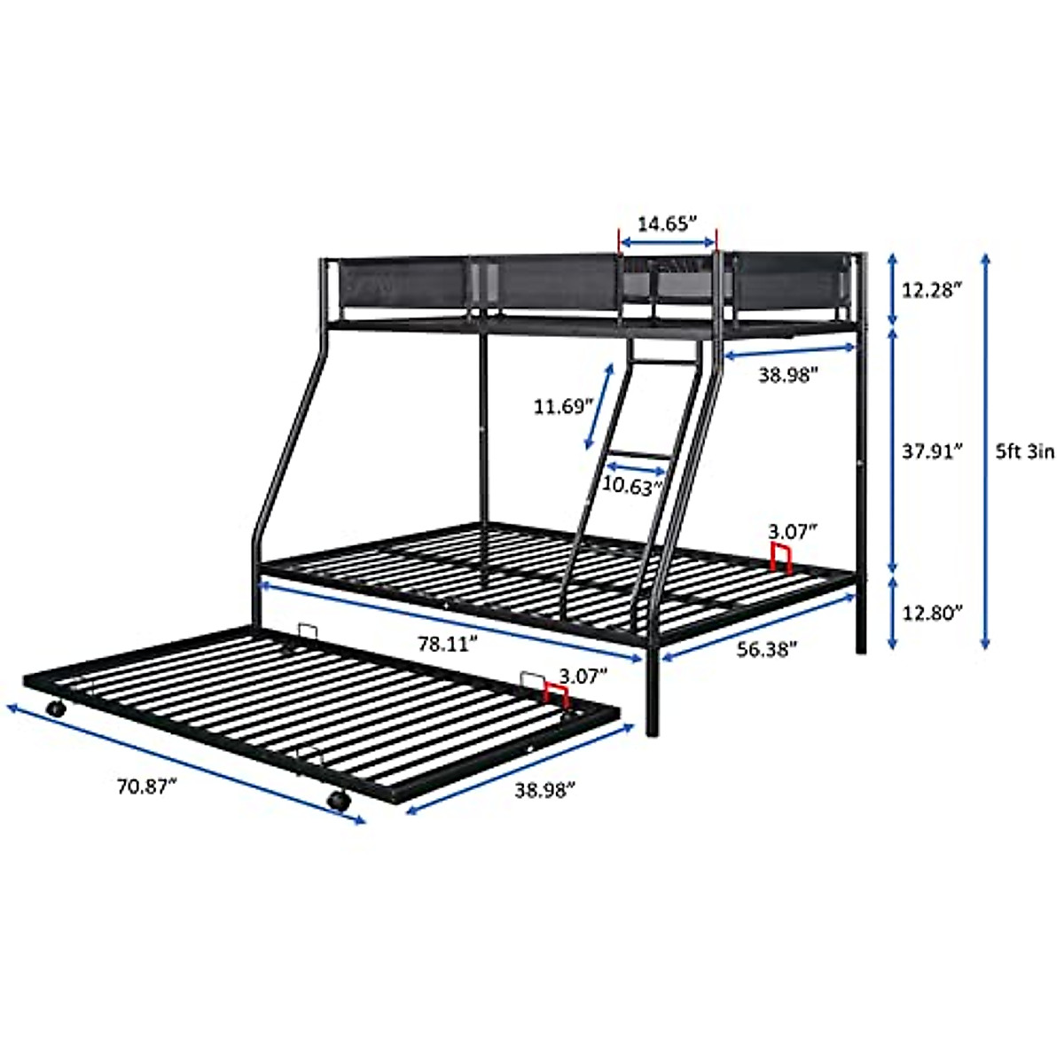 Dolonm Twin Over Full Bunk Bed with Trundle, Metal Bunkbed with Textilene Safety Net and Guardrail, Heavy Duty Bed Frame for Kids Teens Adults, No Box Spring Needed, Black