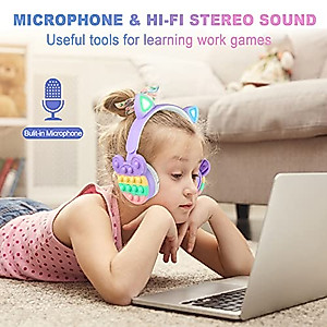WESADN Bluetooth Headphones Wireless with Microphone Fidget Bubbles Cute Cat Ear with LED Light Up Over Ear Headphones for Girls Boys Women Pop Gaming Headset On Ear for Smartphone Tablet PC, Purple
