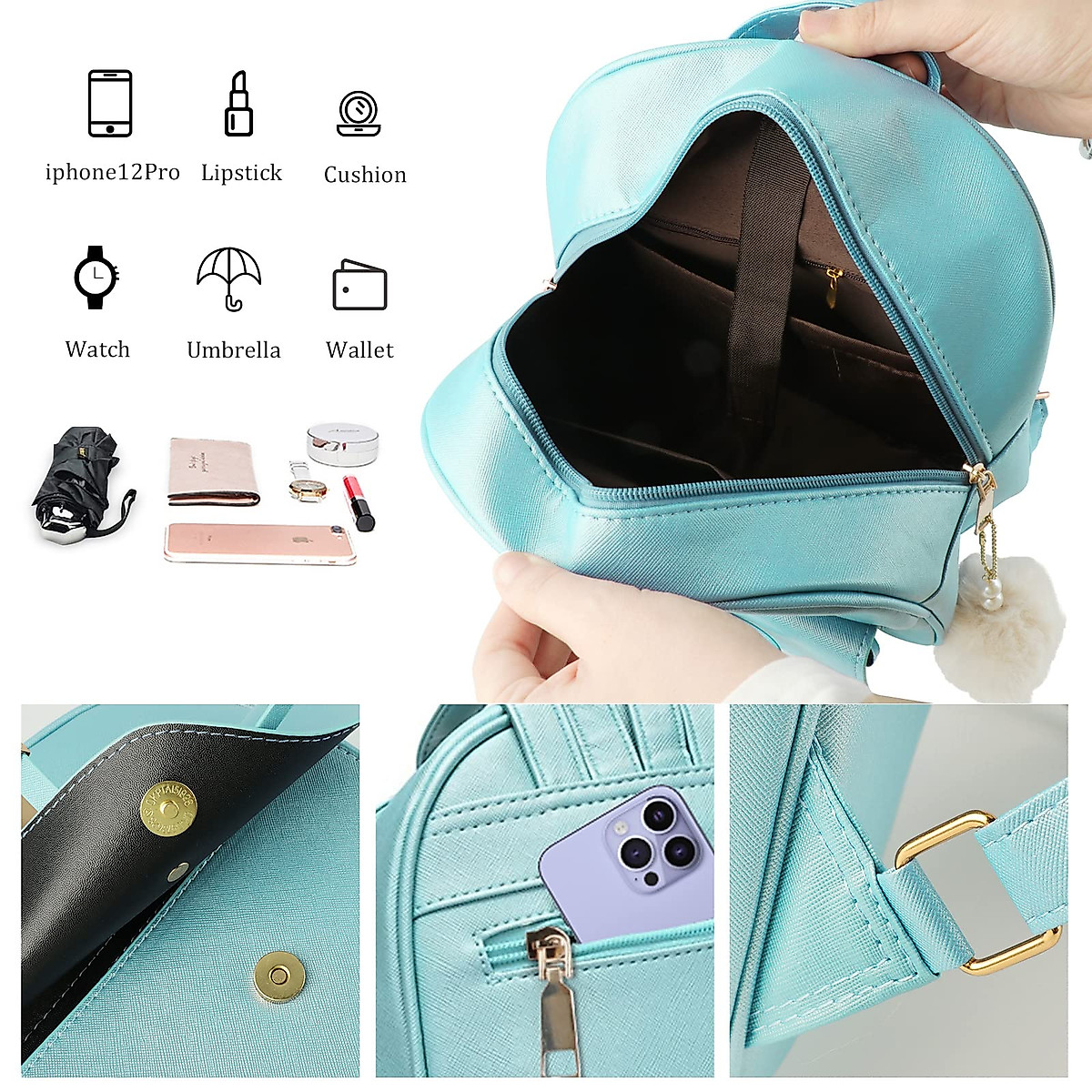 Aogist Mini Leather Backpack Purse 3-Pieces Fashion Bowknot Zipper Bags Cute Casual Travel Daypacks for Women Pearl Blue