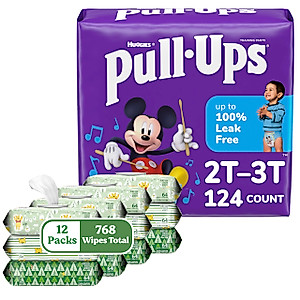 Pull-Ups Boys Training Pants & Wipes Bundle: Pull-Ups Training Pants for Boys Size 2T-3T, 124ct & Huggies Natural Care Sensitive Wipes, Unscented, 12 Packs (768 Wipes Total) (Packaging May Vary)
