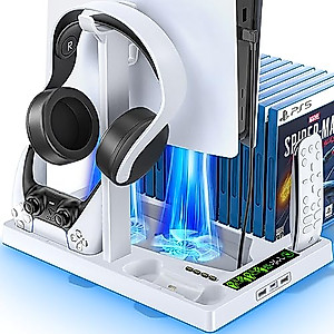 OIVO PS5 Stand with Cooling Fan and Headphone Stand, PS5 Cooling Fan with PS5 Controller Charger for Playstation 5, PS5 Charger with Storage 15 Game