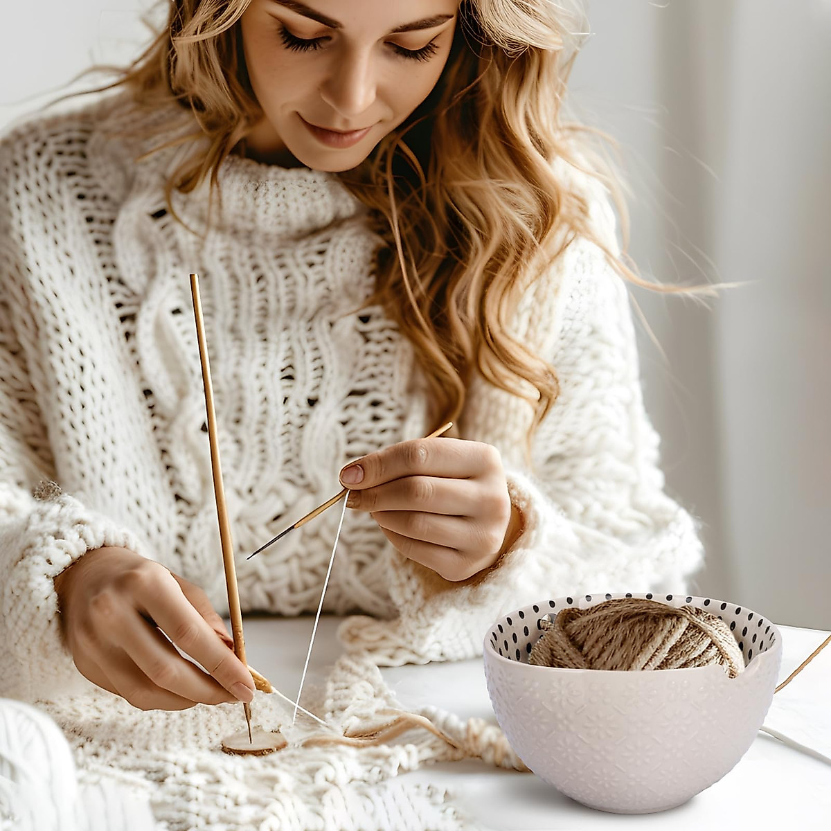 Ceramic Crochet Bowl,6in Larger Yarn Bowls,Large-Opening with Hand-Painted Patterns Decorations Yarn Holderfor Crochet Lovers,for Crochet Bulky Yarn/Acrylic Yarn, etc. (Craft Knit Bowl - Ivory)