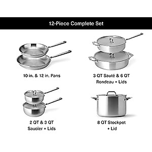 Misen Stainless Steel Pots and Pans Set - Stainless Steel Cookware Set - 12 Piece Complete Kitchen Cookware Sets
