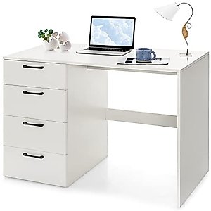 COSTWAY White Computer Desk with 4 Large Drawers, Home Office PC Desk Workstation for Writing, Modern Computer Table for Bedroom, Study, Living Room