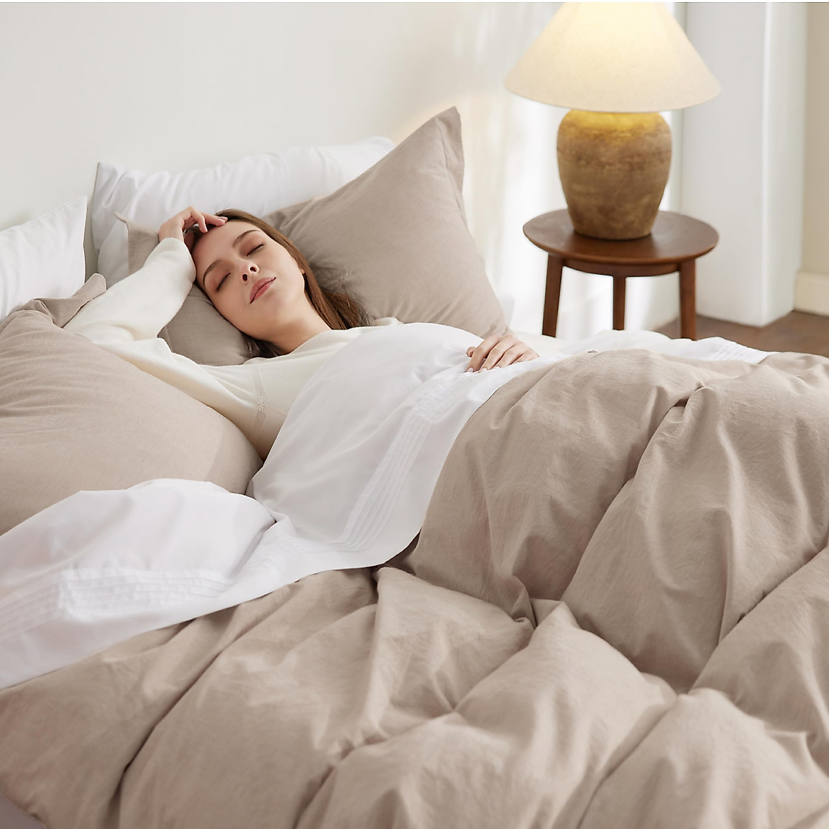 Bedsure 100% Washed Cotton Duvet Cover King Size - Warm Sand Minimalist Duvet Cover Set Linen Like - 3 Pieces Plain Simple Cotton Duvet Cover Set with 2 Pillow Shams (Warm Sand, King, 104"x90")