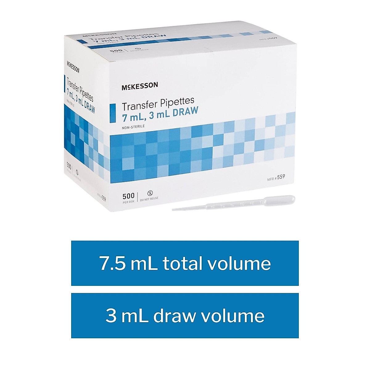 McKesson Transfer Pipette, Non-Sterile, 7 mL Capacity 0.5 mL to 3 mL Graduation Increments, 500 Count, 1 Pack