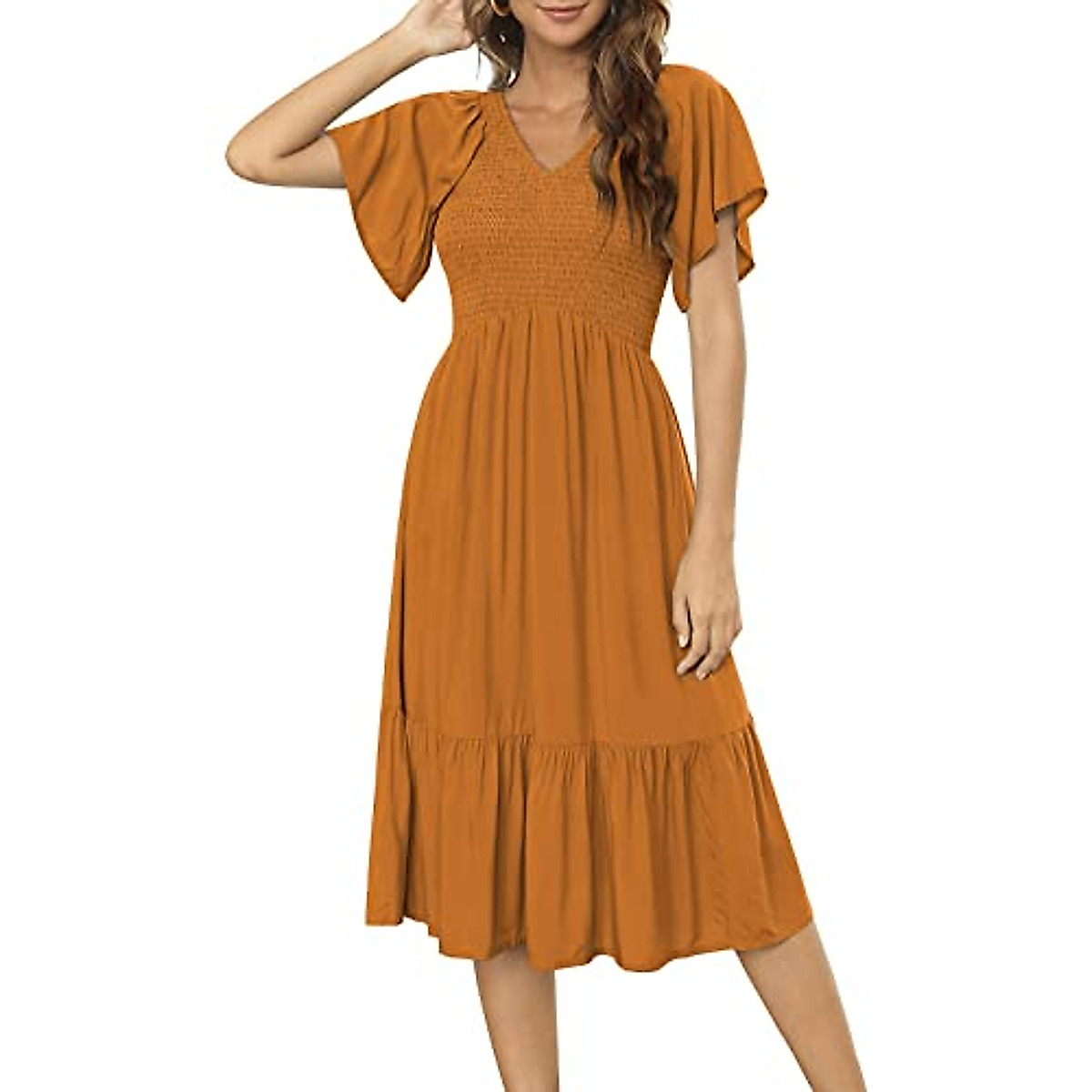 Kranda Women Short Flutter Sleeve V Neck Smocked Solid Pleat Midi Dress Pumkin Spice M