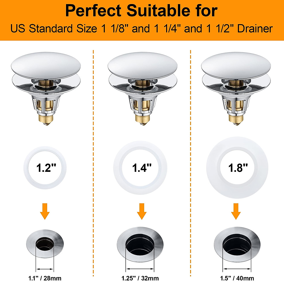 𝐓𝐈𝐎𝐑𝐈𝐘 Universal Bathroom Sink Stopper - 1.1~1.5" Sink Drain Stopper, Full-Size Bounce Bullet Type Pop Up Basin Drain Strainer, Chrome Anti-Clogging Sink Drain Filter with Hair Catcher (Silver)