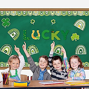 BeYumi 91Pcs Lucky Bulletin Board Decorations Set Green Shamrock Lucky Boho Rainbow Cutouts Scalloped Bulletin Board Trim Borders Classroom Homeschool Chalkboard Wall Decor Party Supplies