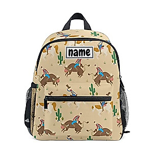 Glaphy Custom Kid's Name Backpack, Cowboys Riding on Horse and Bull Toddler Backpack for Daycare Travel, Personalized Name Preschool Bookbags for Boys Girls