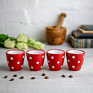 City to Cottage Handmade Red and White Polka Dot Ceramic 2oz/60ml | Espresso Set of 4, Unique Designer Pottery for Coffee Lovers