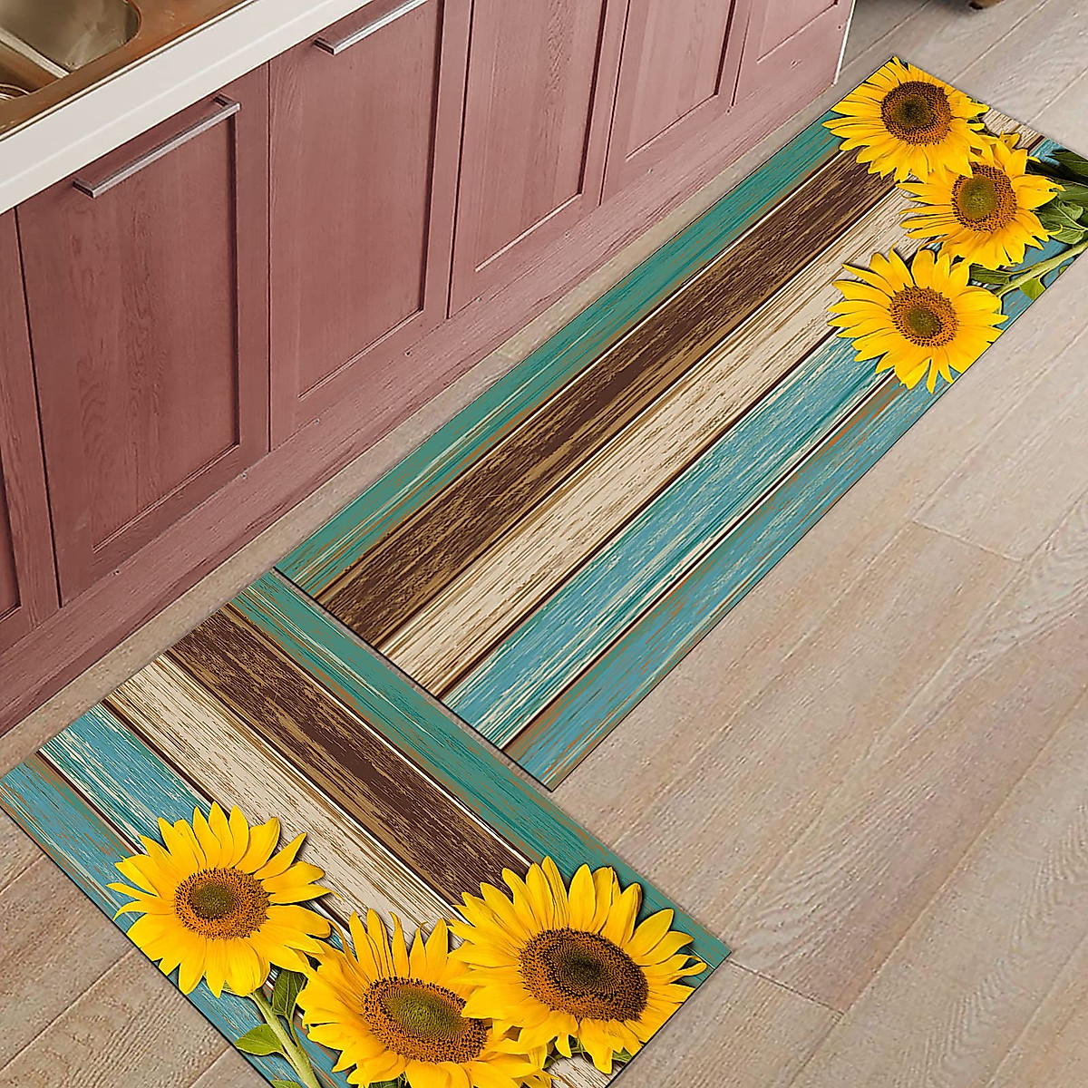 Housein Kitchen Rugs and Mats Non Skid Washable, Wooden Texture Sunflower Absorbent Floor Runner Rugs and Carpets for Kitchen, Lau 15.7x23.6 inch+15.7x47.2 inch