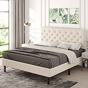 Catrimown Queen Size Upholstered Linen Platform Bed Frame with Button Tufted Headboard, Strong Wood Slat Support, Mattress Foundation, No Box Spring Needed, Easy Assembly, Beige