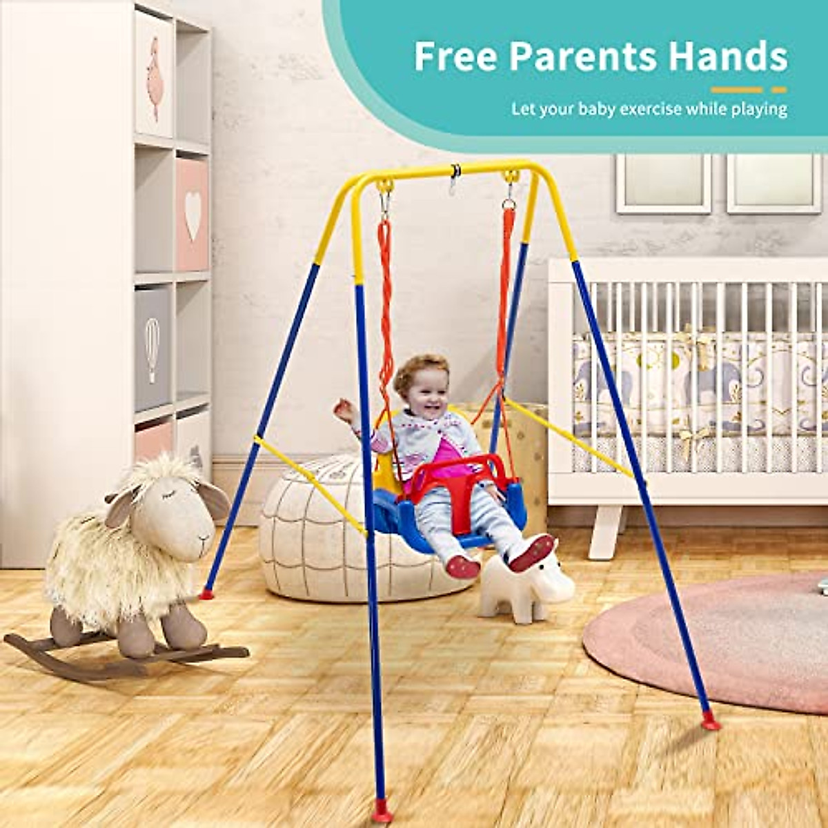3-in-1 Toddler Swing, Swing Set with Foldable Metal Stand and Safety Belt, Baby Swings Outdoor & Indoor for Infants to Toddler, Baby Infant Swing for Swingset, Indoor Swing for Kids 6 Month+
