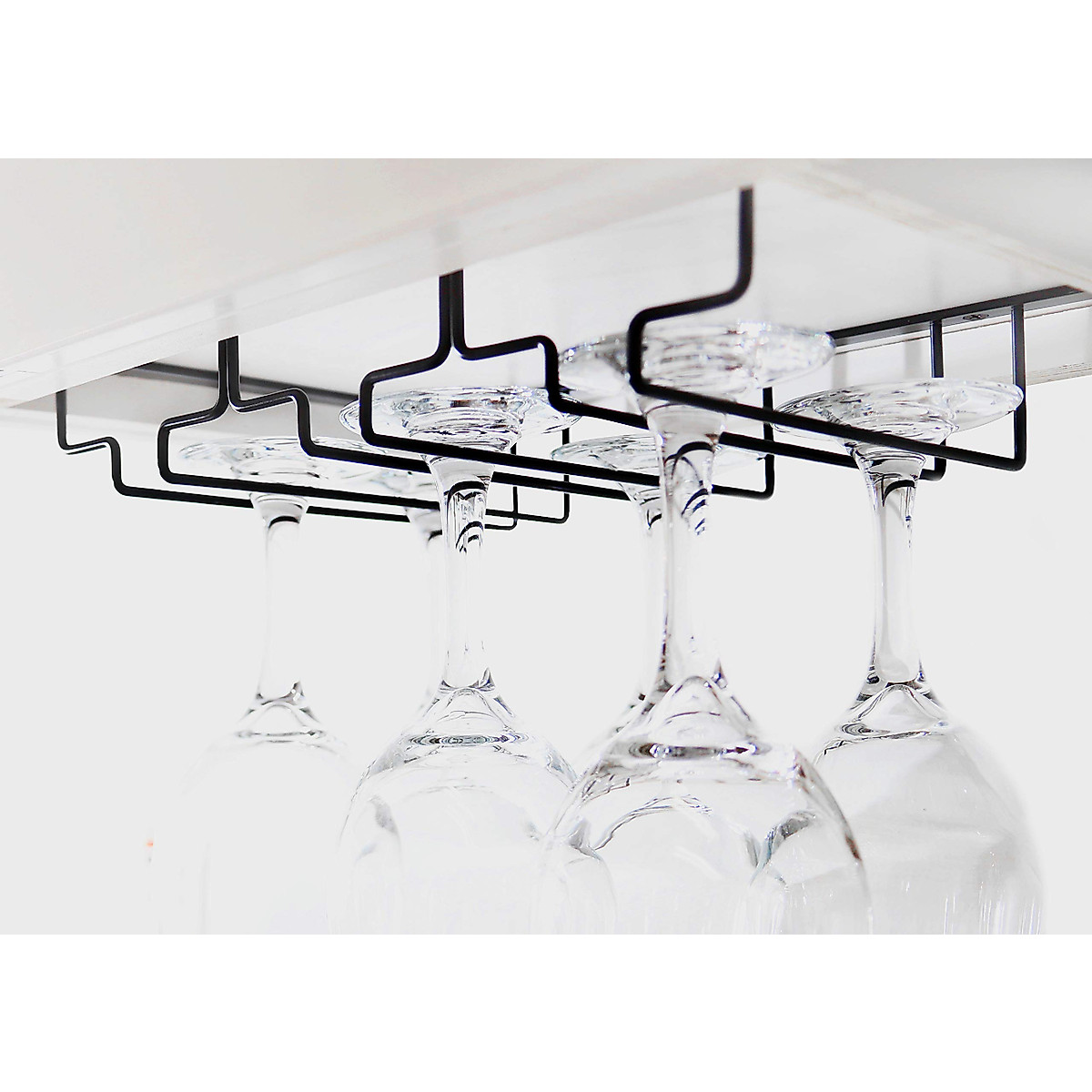 Wine Glass Rack - Under Cabinet Stemware Wine Glass Holder Durable Glasses Storage Hanger Metal Organizer for Bar Kitchen UPGRADED DESIGN Black (3 Rows)
