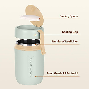ALXBSONE 20 Oz Insulated Food Jar Stainless Steel Container Thermos with Folding Spoon for Hot or Cold Food, Soups, Oatmeal Milk Bento Box Leak Proof(Light Green)