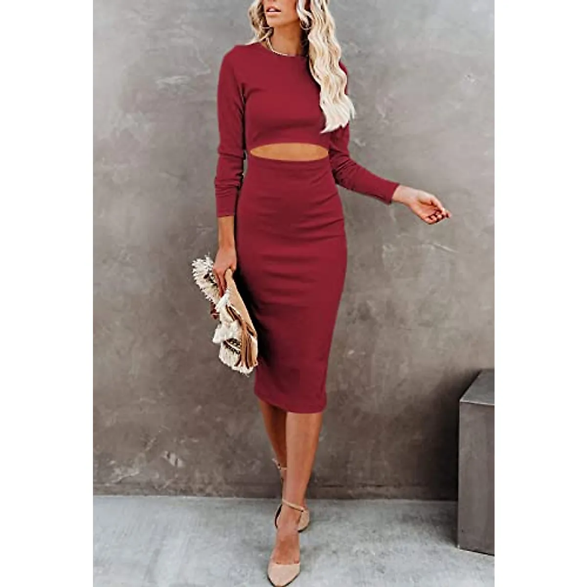 Uusollecy Women's Long Sleeve Cutout Dress, Sexy Bodycon Midi Dresses, Fall Dress for Women Knee Length Red X-Large