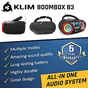 KLIM B3 CD Boombox Portable Audio CD Player, FM Radio, Rechargeable Battery, Bluetooth, MP3 and AUX. Equipped with Super Bass Neodymium Speakers, Upgraded CD Laser Lens - New - Red