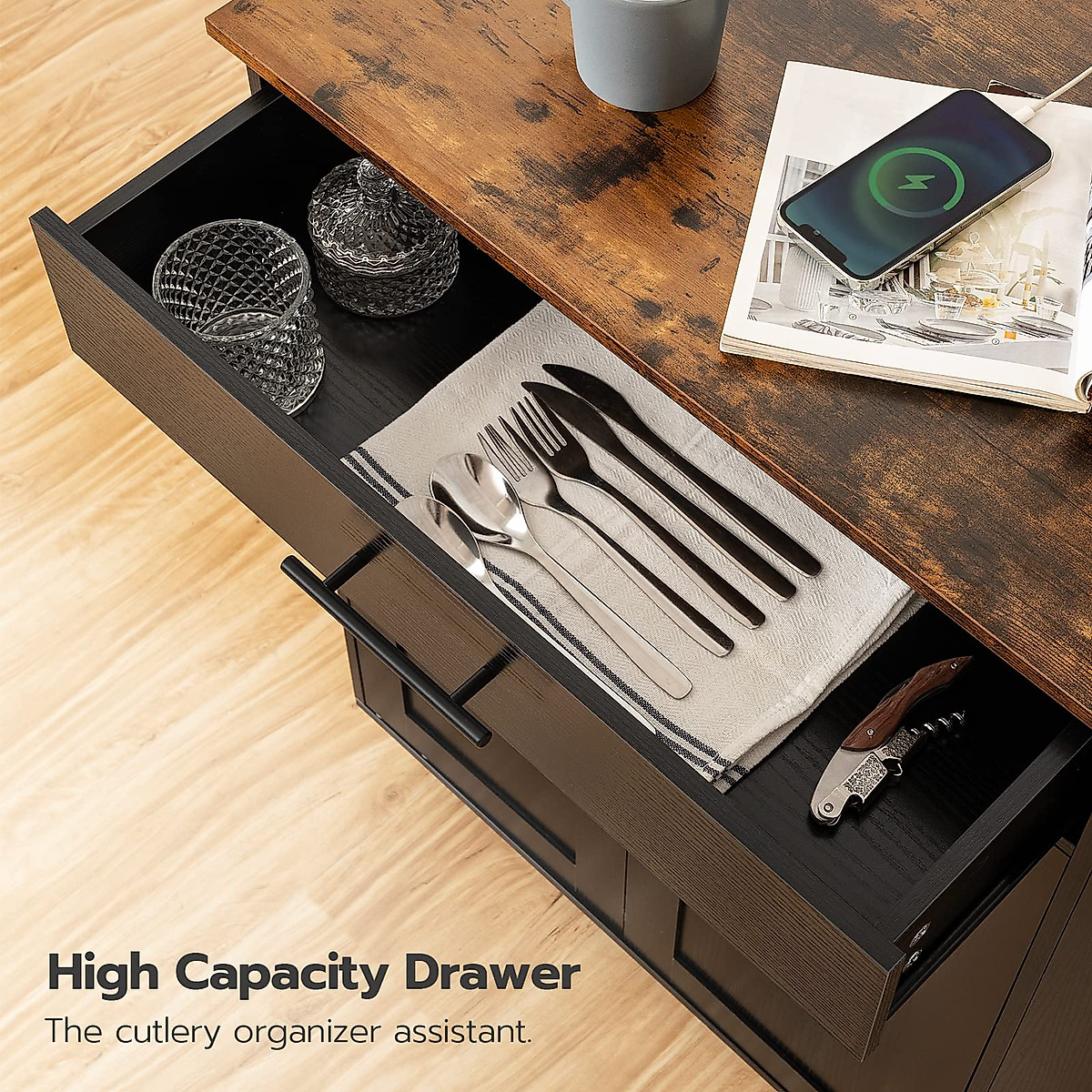 HOOBRO Kitchen Island with Power Outlet, Kitchen Storage Island with Spice Rack and Drawer, Rolling Kitchen Cart on Wheels, for Home, Kitchen and Dining Room, Rustic Brown and Black