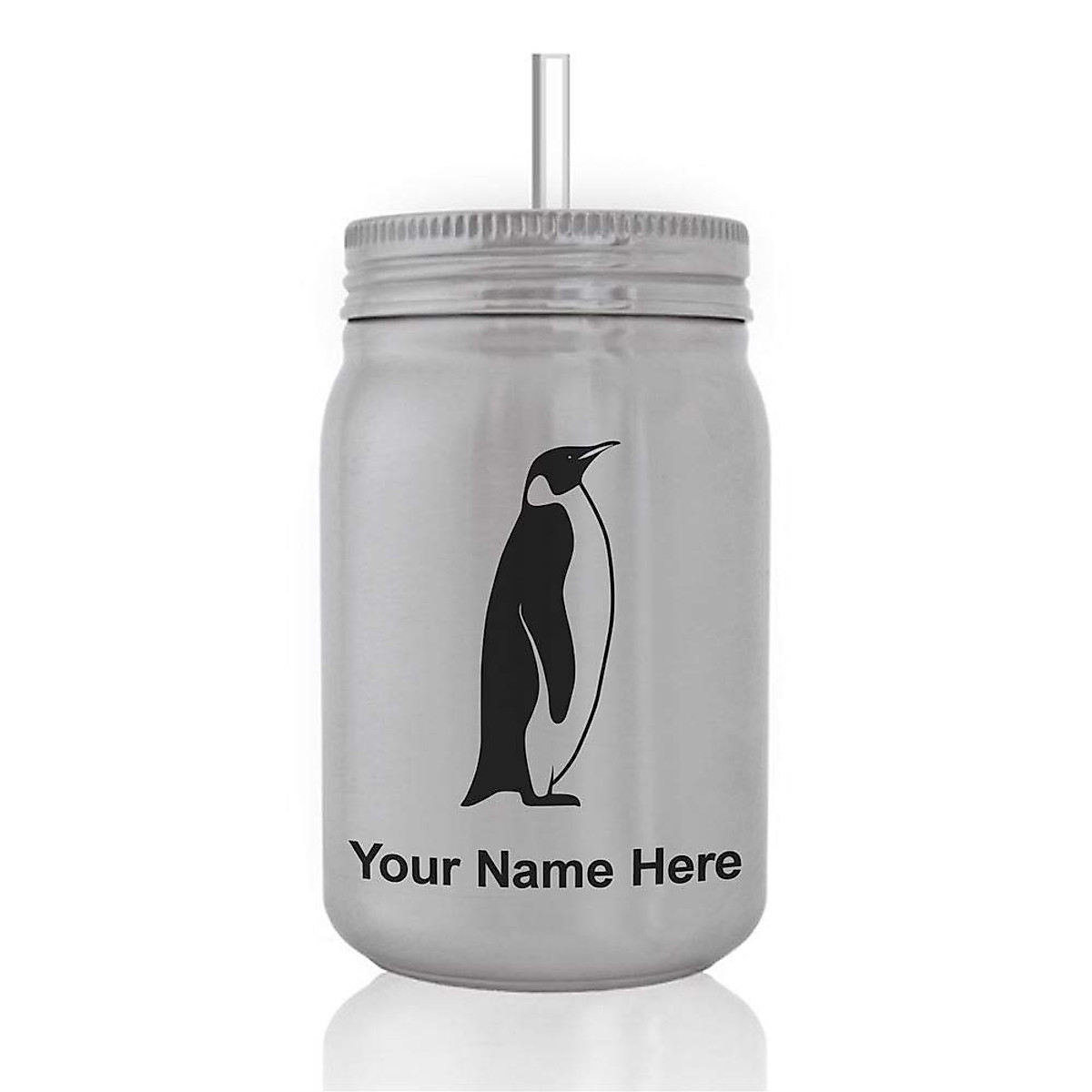 LaserGram Mason Jar Sports Water Bottle, Penguin, Personalized Engraving Included