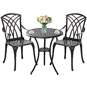 Withniture 3 Piece Bistro Patio Set Cast Alumiunm Patio Furniture Set,All Weather Bistro Table and Chairs Set of 2 with 1.97" Umbrella Hole,Outdoor Patio Bistro Sets for Garden（Antique Bronze）