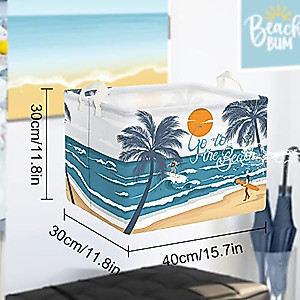 Clastyle Summer Beach Sun Sea Shelf Basket for Bedroom Coconut Trees Blue Rectangle Clothes Toys Cube Storage Basket, 36L